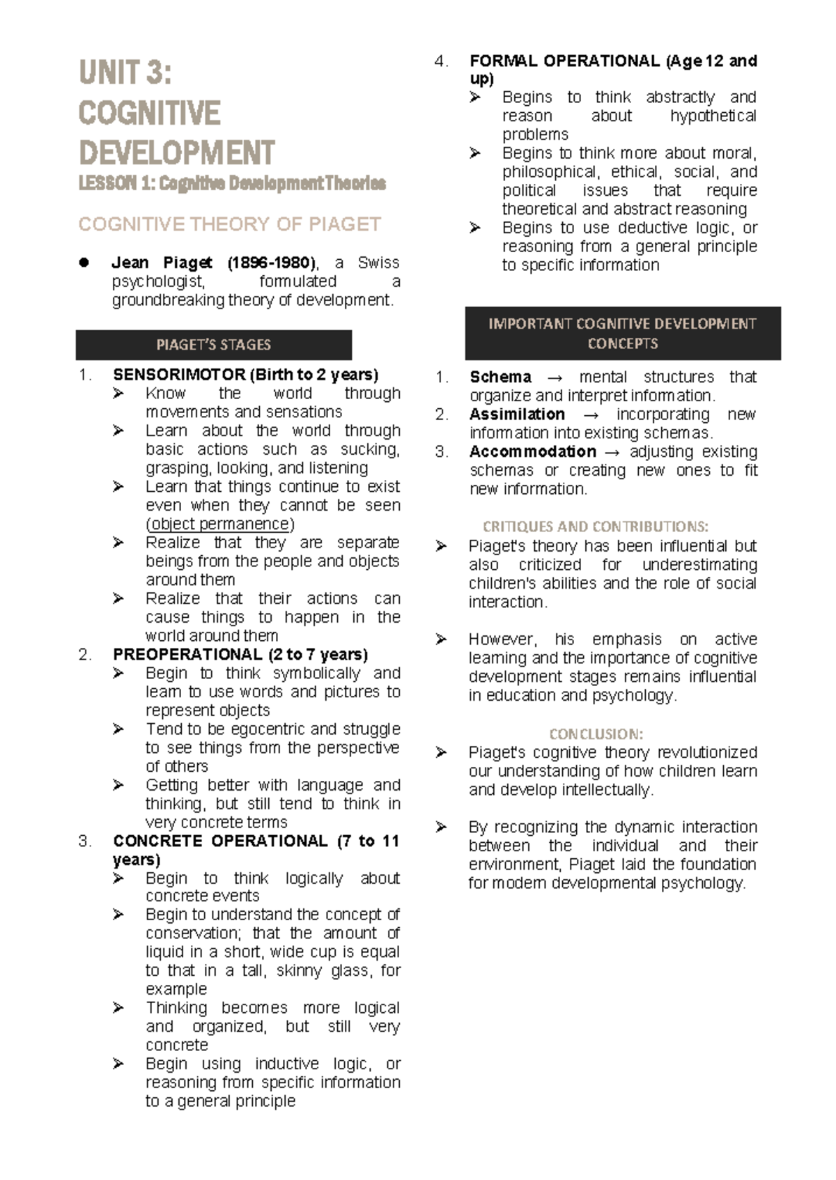 UNIT 3: COGNITIVE DEVELOPMENT - Lesson 1: Theories of Piaget & Vygotsky - Studocu