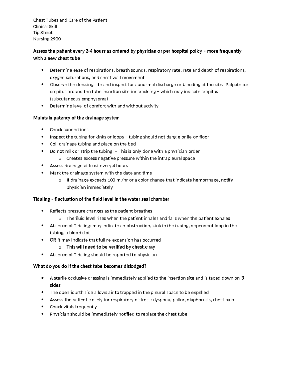 Nursing 2900: Chest Tube Care Tip Sheet for Clinical Skills - Studocu