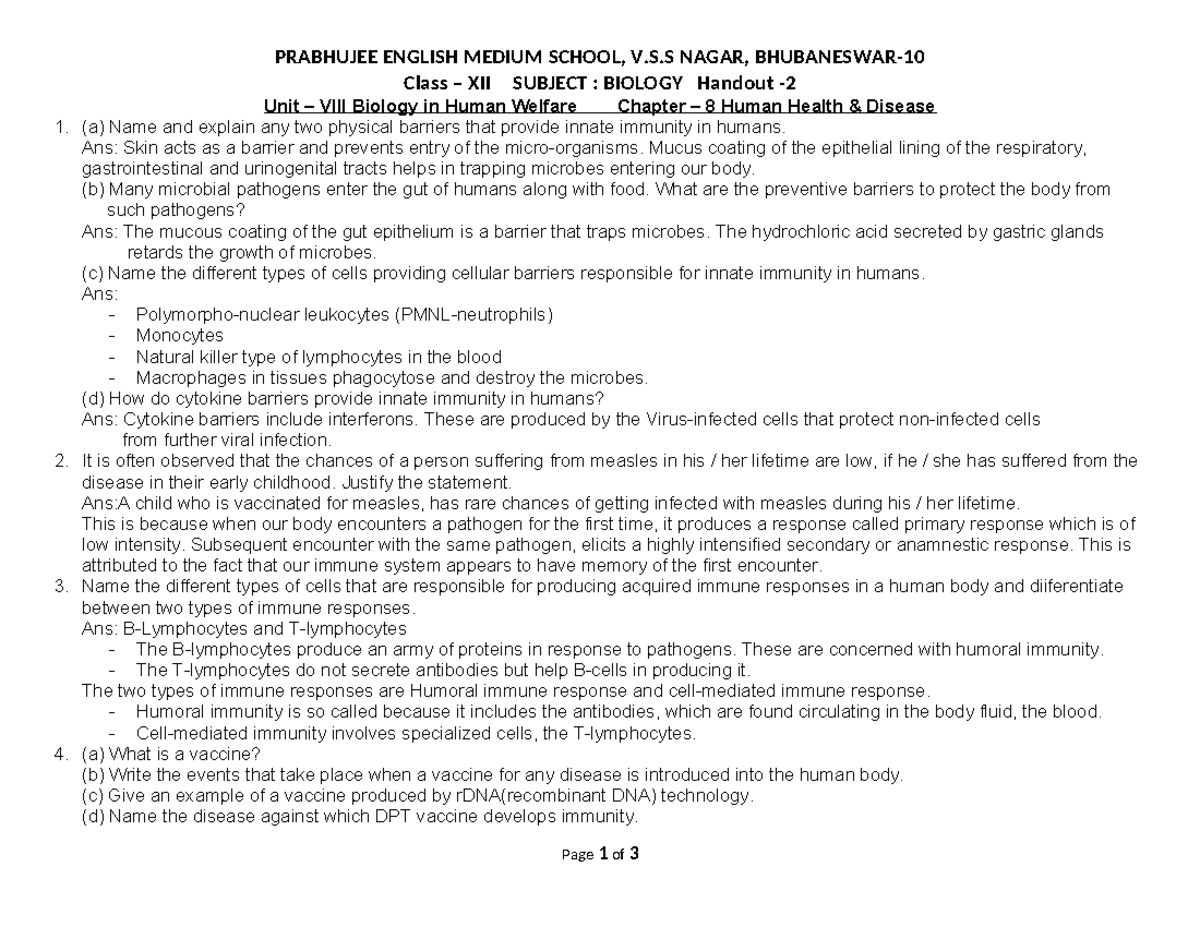 Class XII Biology Handout: Human Health & Disease (Unit 8) - Studocu