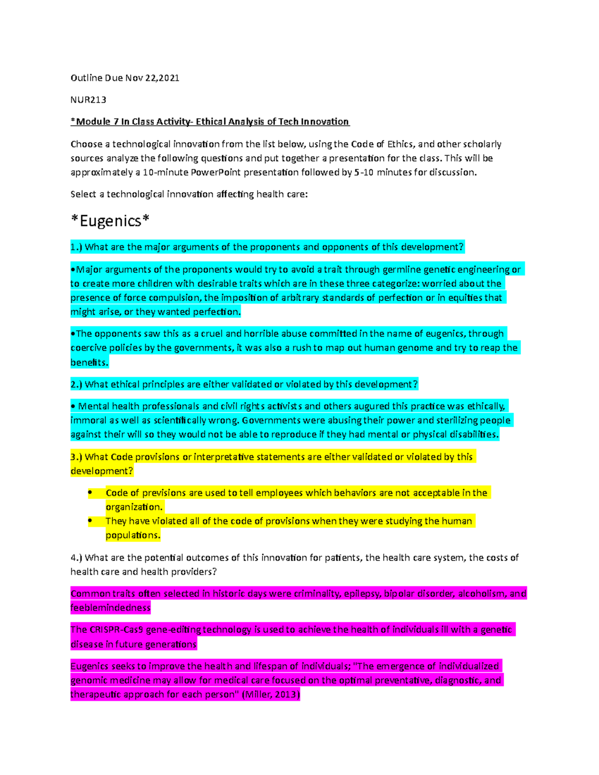 Outline paper to NUR213 - Outline Due Nov 22, NUR *Module 7 In Class ...