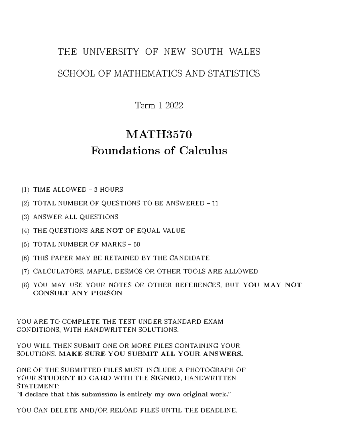 MATH3570 Term 1 2022 - Foundations of Calculus Final Exam Guide - Studocu
