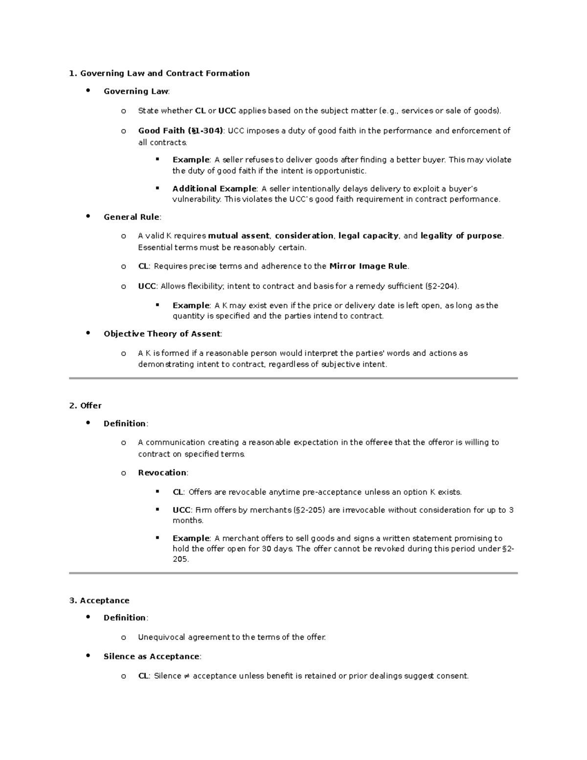 Contracts Final Outline - 1. Governing Law and Contract Formation ...