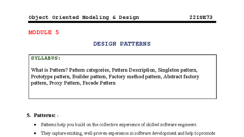 Module 5 OOMD: Design Patterns Overview and Implementation 22ISE73 ...