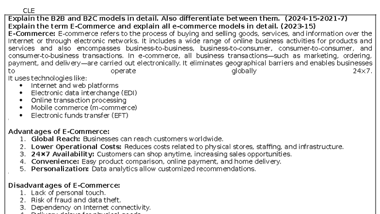 CLE - Detailed Notes on B2B and B2C Models and EDI - Studocu