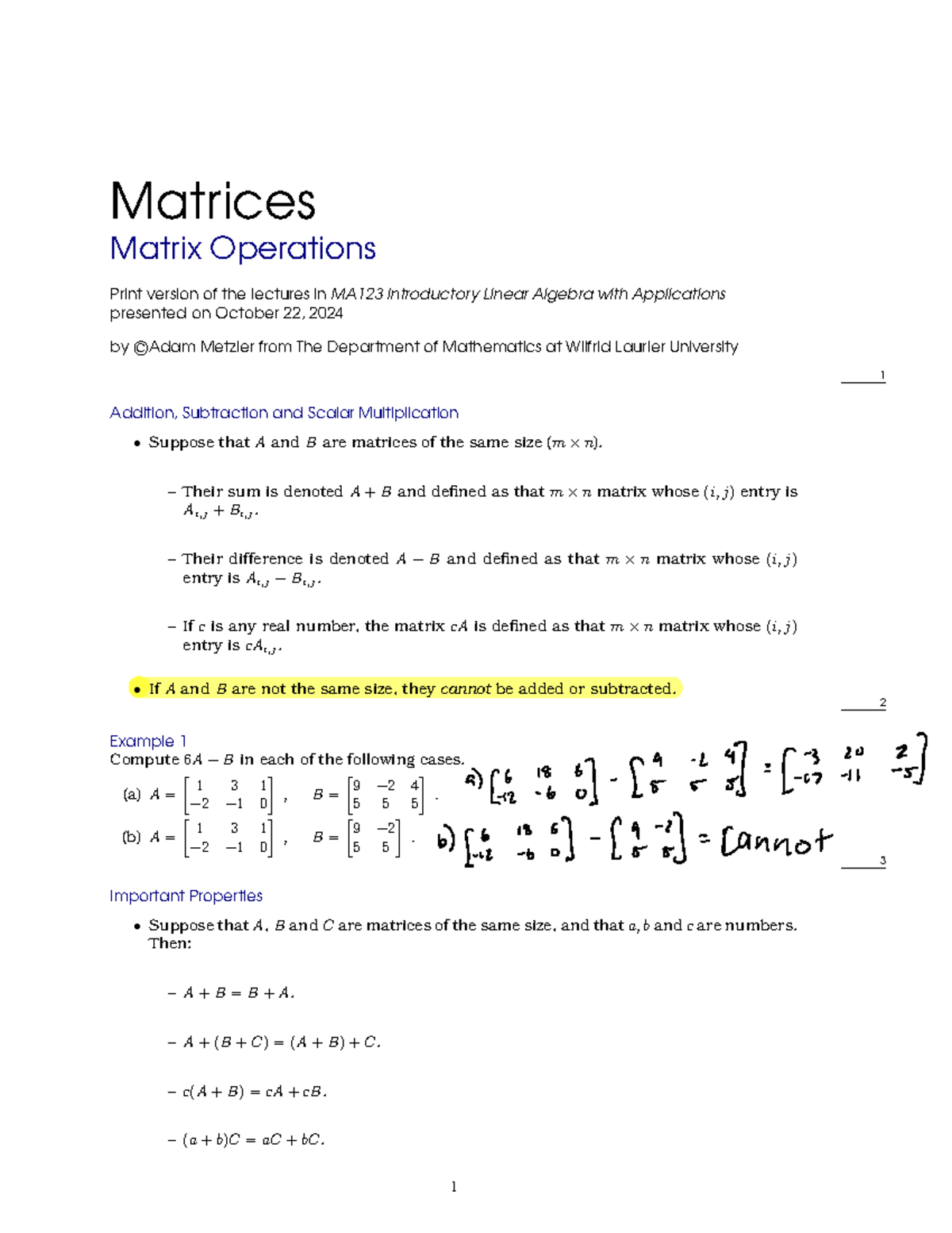 MA123 Linear Algebra: Matrix Operations Lecture Notes - Studocu
