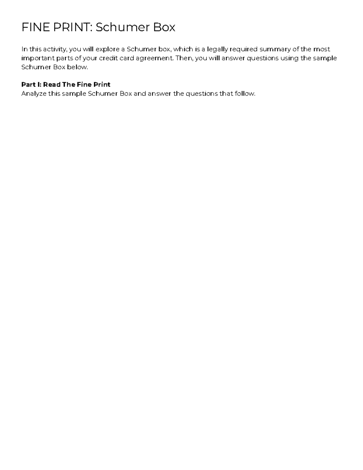 FINE Print: Schumer Box Cheat Sheet for Credit Card Assignment - Studocu