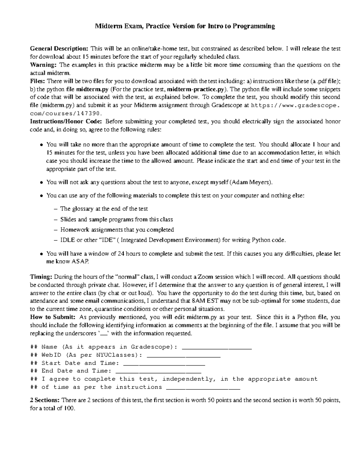 Midterm Exam Practice Version for Intro to Programming - I will release ...