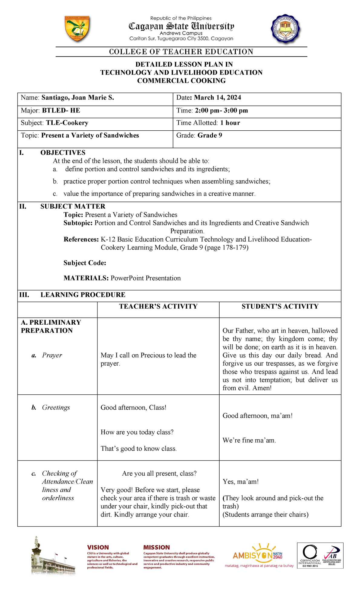 DLP 4 - COOKERY - DETAILED LESSON PLAN IN TECHNOLOGY AND LIVELIHOOD ...