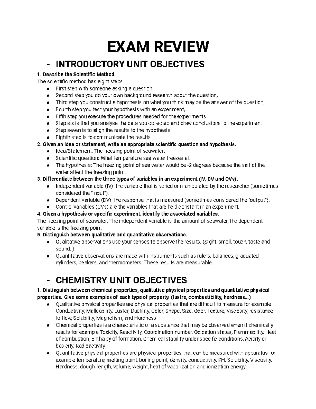 Final Exam Science Grade 9 - EXAM REVIEW - INTRODUCTORY UNIT OBJECTIVES ...