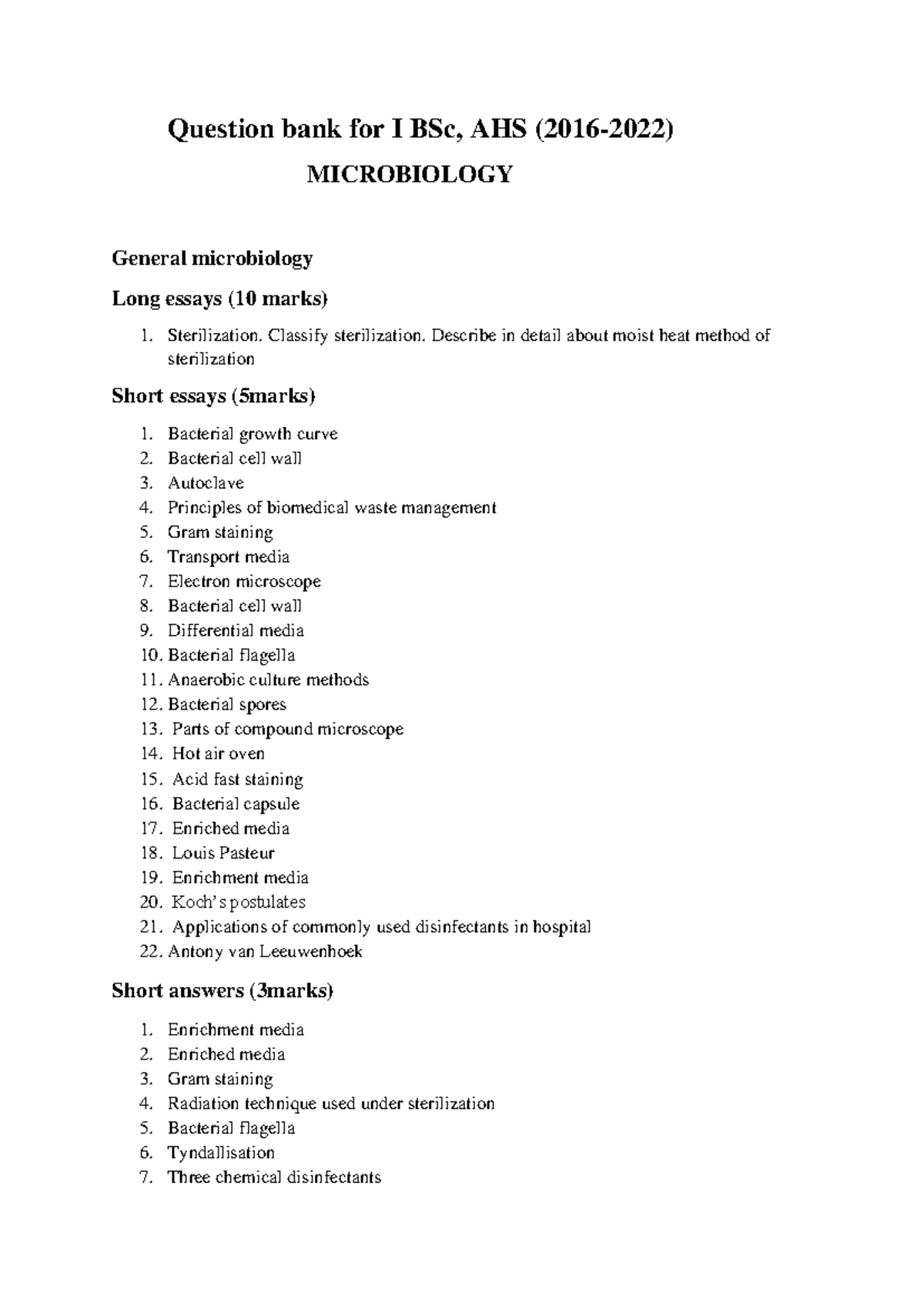 I BSc AHS MICROBIOLOGY: Comprehensive Question Bank & Notes - Studocu