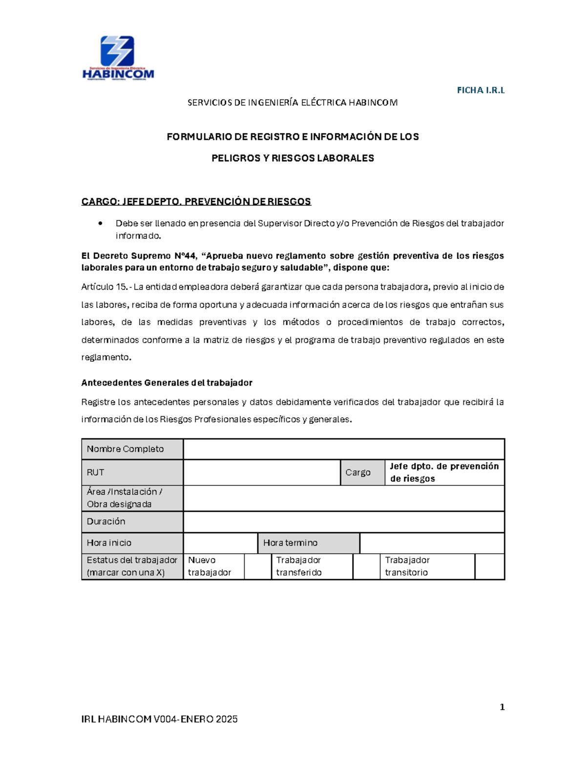 IRL Cargo JEFE DPTO. Prevención de Riesgos - Formulario de Seguridad ...