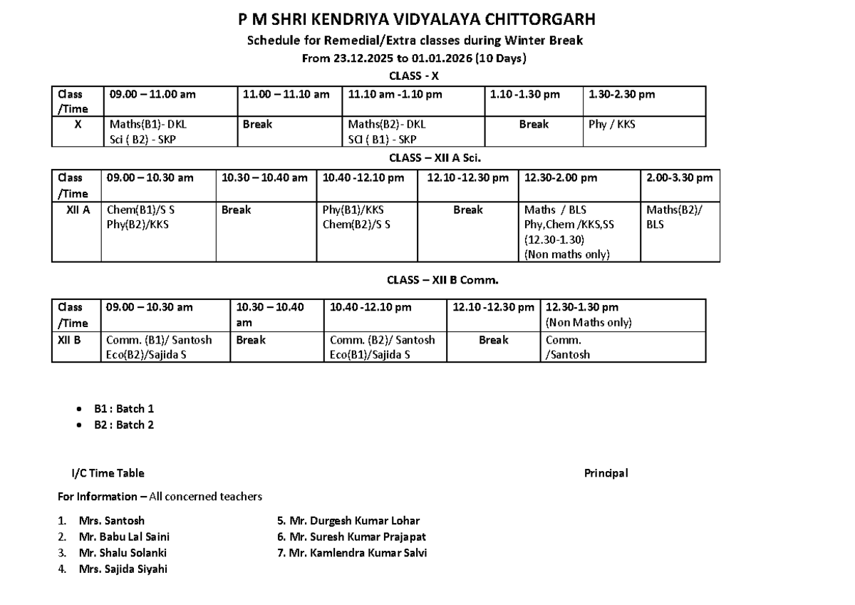 P M SHRI KENDRIYA VIDYALAYA CHITTORGARH Winter Class Schedule 2025-26 ...