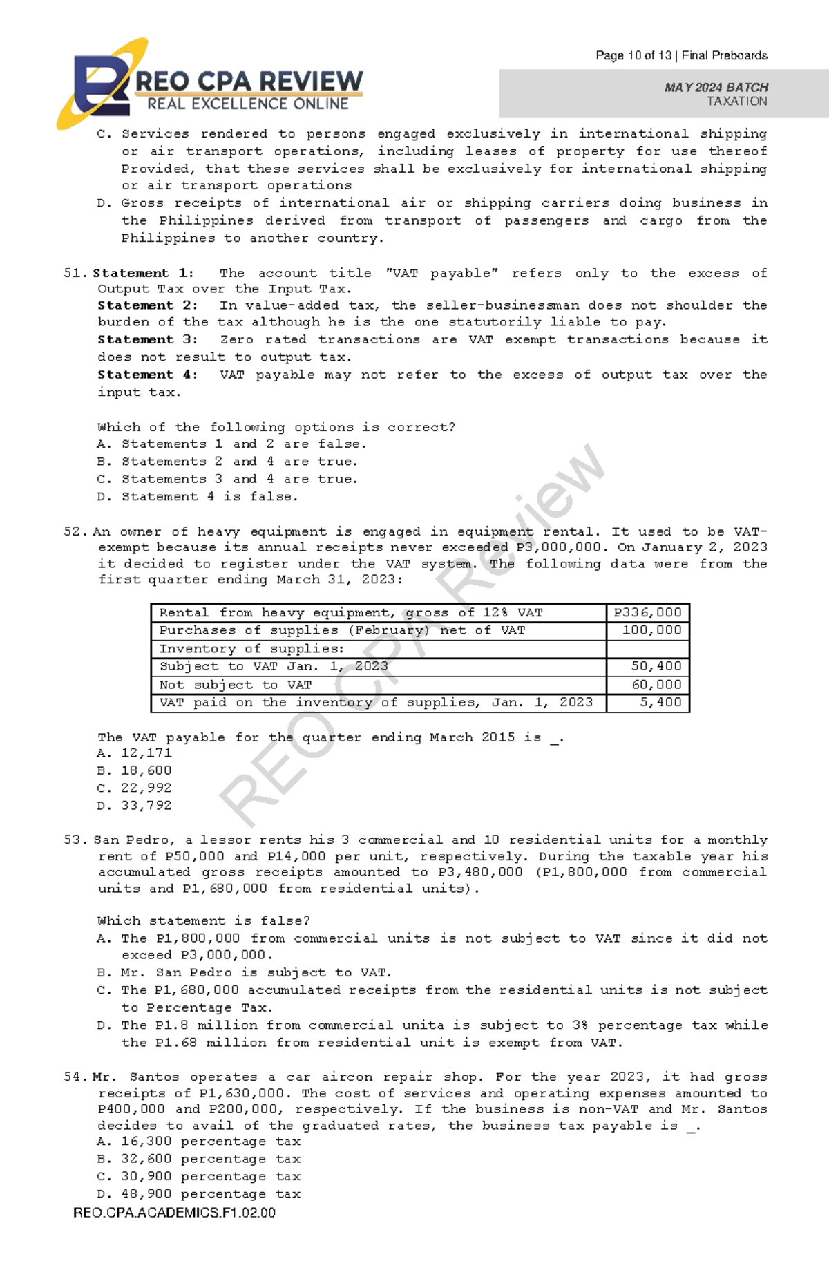 REO 07 TAX Final Preboard Review for May 2024 Batch - Studocu