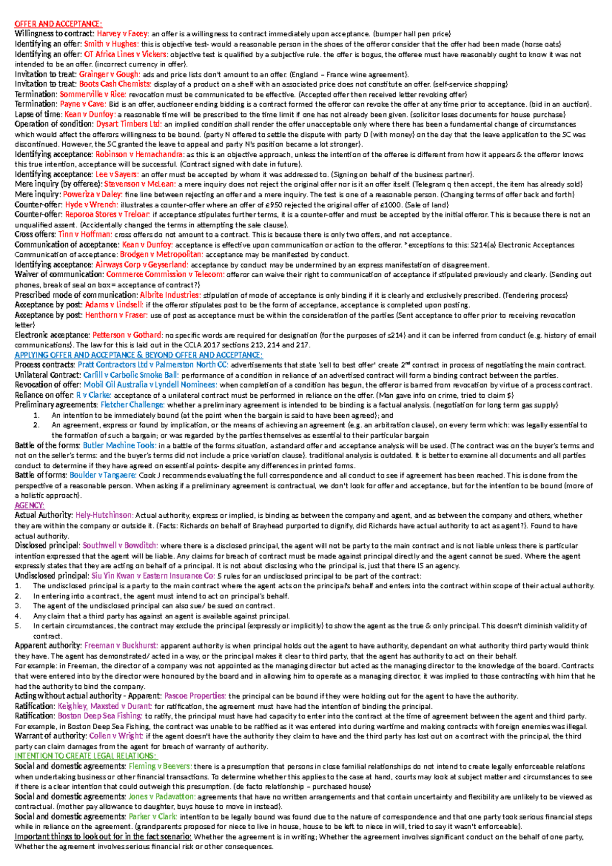 OFFER AND ACCEPTANCE: Key Cases and Principles - Semester 1 Cheat Sheet - Studocu