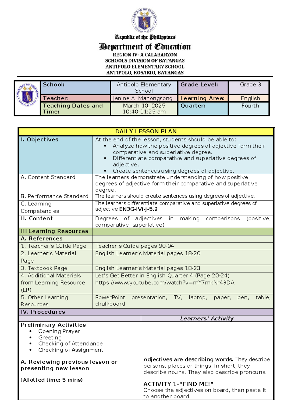 DLP EN3G-IVi-j-5: Understanding Degrees of Adjectives - Q4 Lesson Plan ...