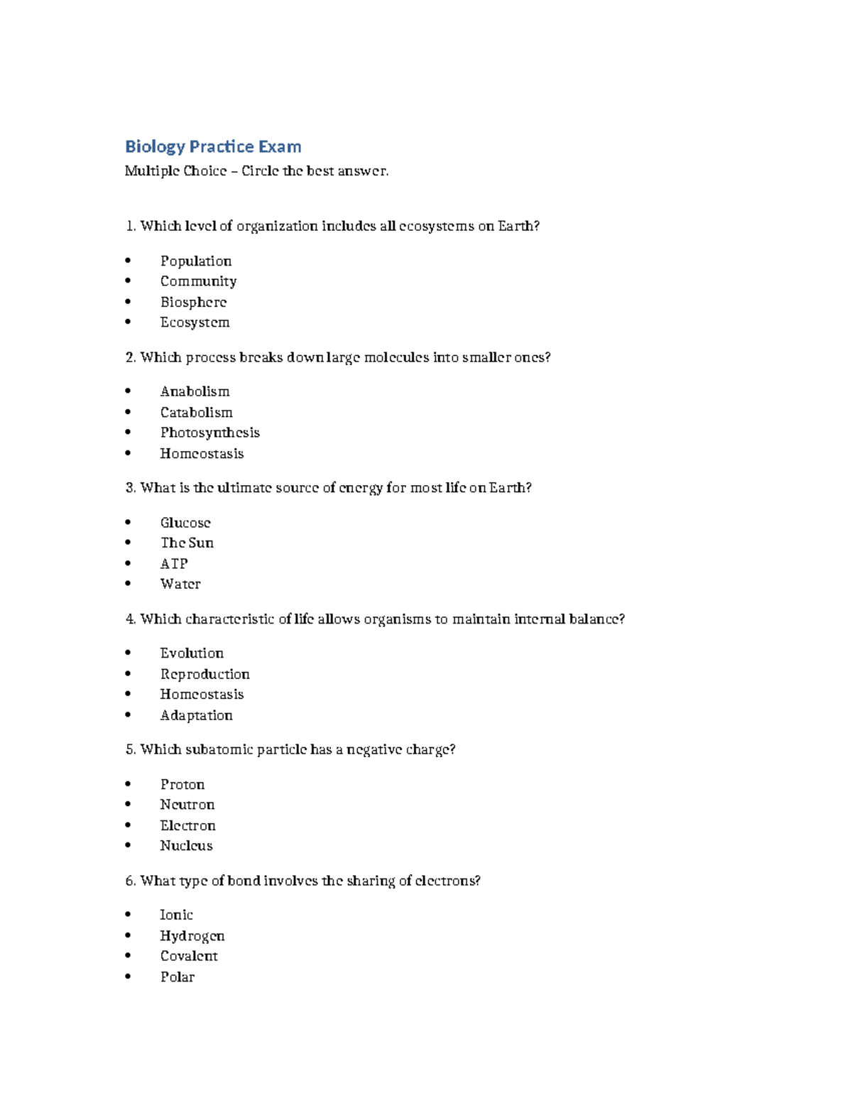 Biology Practice Exam (BIO101) - Multiple Choice Questions - Studocu