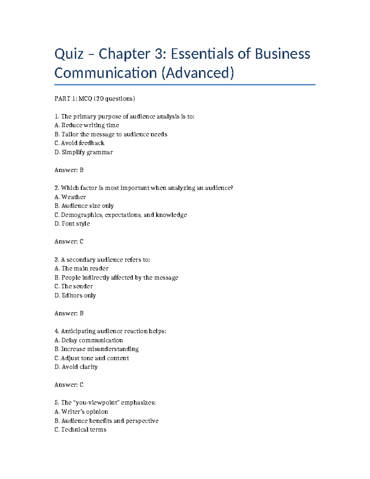 Quiz Chapter 3: Essentials of Business Communication (Advanced ...