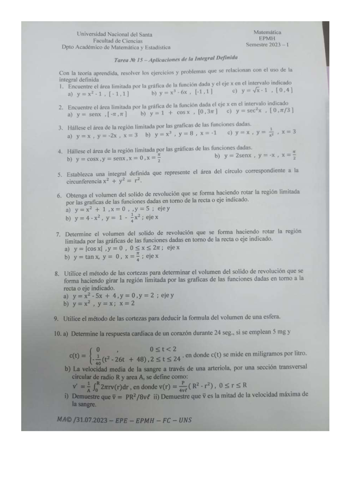 Tarea 15: Aplicaciones de la Integral Definida - EPMH FC UNS - Studocu