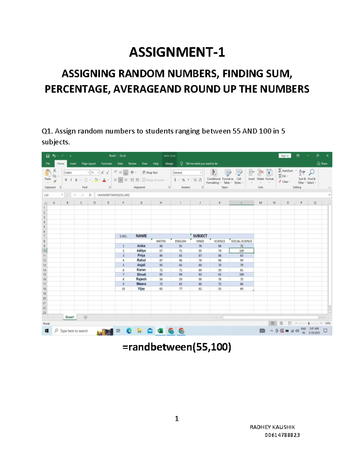 DAS Assignment 1: Random Numbers, Sums, Averages & Percentages - Studocu