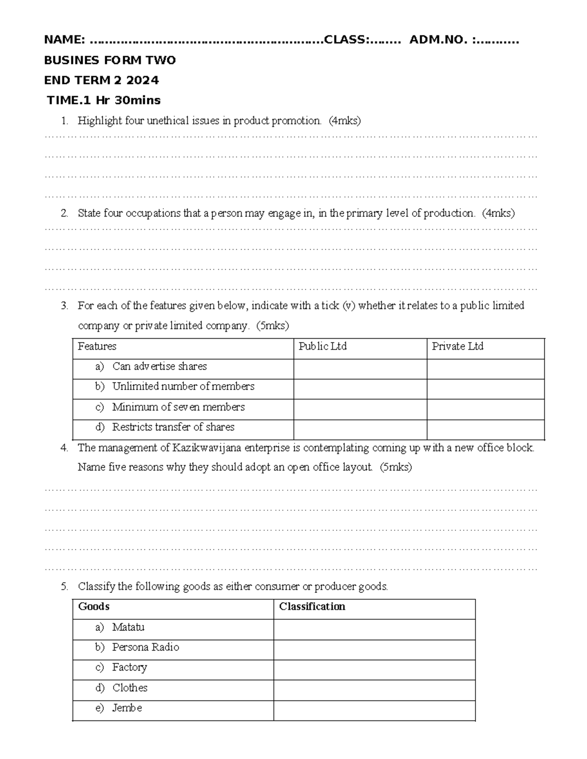 BST FORM 2 Q - Business Ethics & Production Concepts Assignment - Studocu