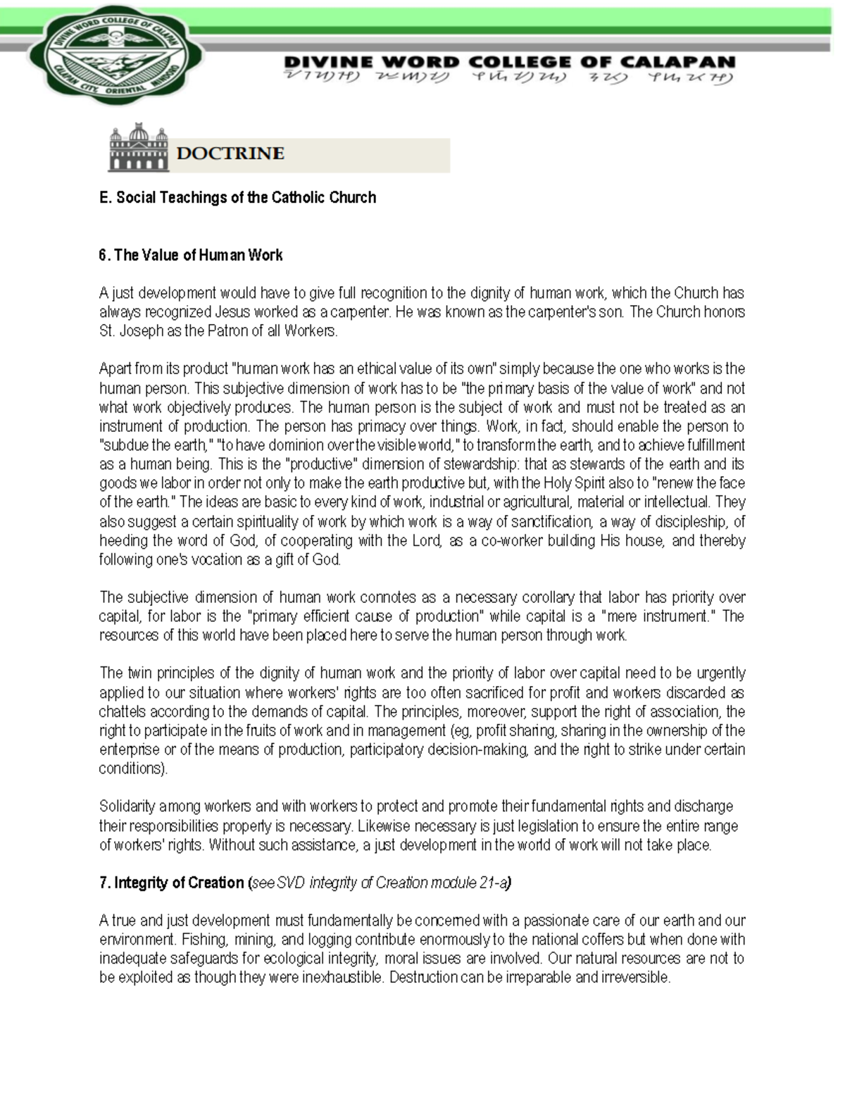 CD Module 21 Q4 - Social Teachings of the Catholic Church: Human Work ...