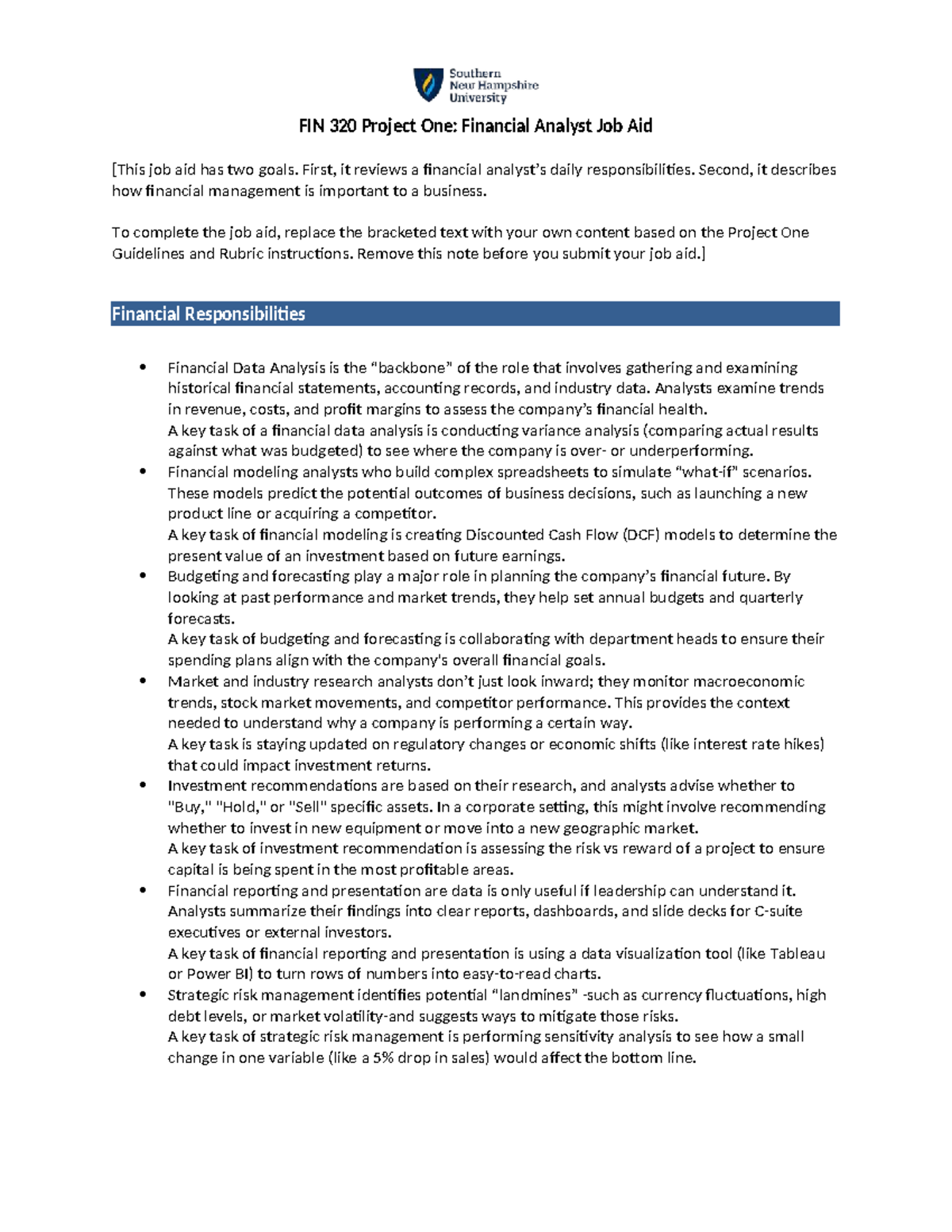 FIN 320 Project One: Financial Analyst Job Aid Overview - Studocu