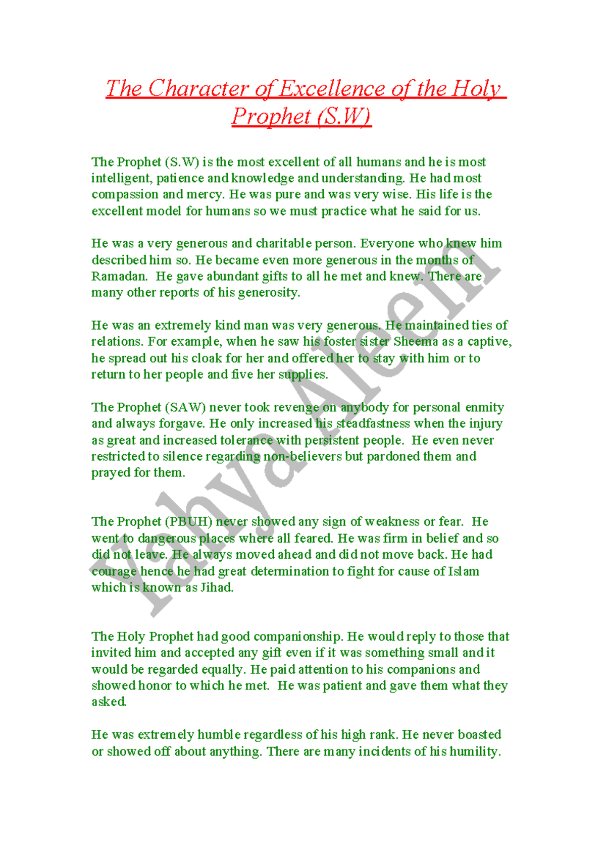 Islamiyat Bookreport - The Character of Excellence of the Holy Prophet ...