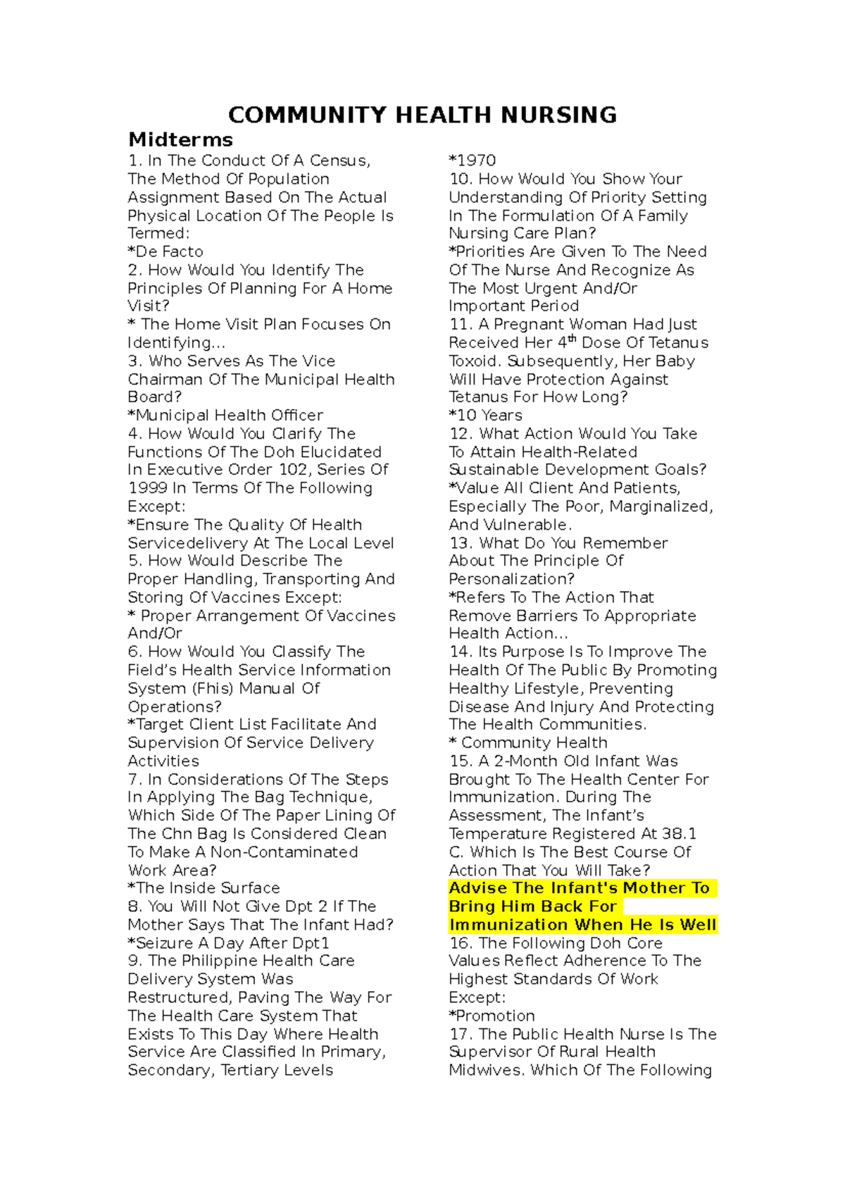 CHN- Community Health Nursing Midterms and Finals Study Guide - Studocu