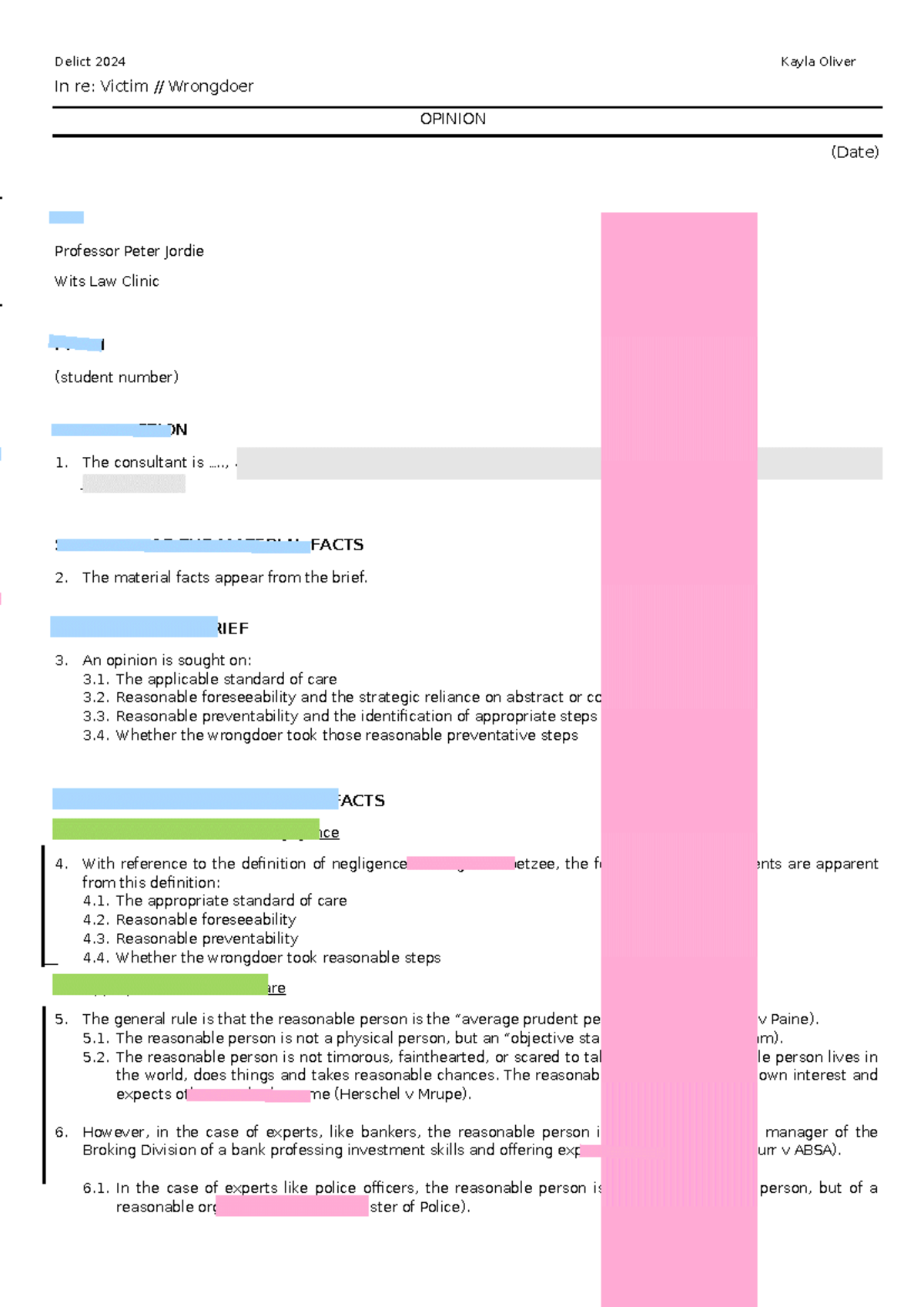 Negligence Legal Memo: Analyzing Foreseeability & Preventability - Studocu