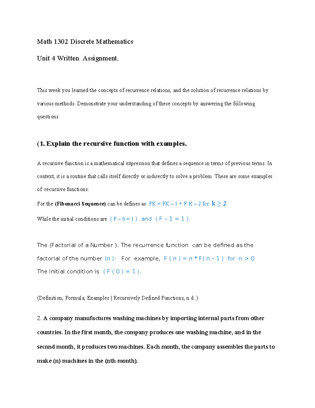 Math 1302 Discrete Mathematics Unit 4 Written Assignment Review - Studocu