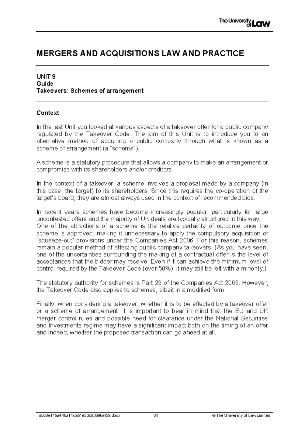 M&A LAW & PRACTICE UNIT 9: Takeovers & Schemes of Arrangement Guide ...