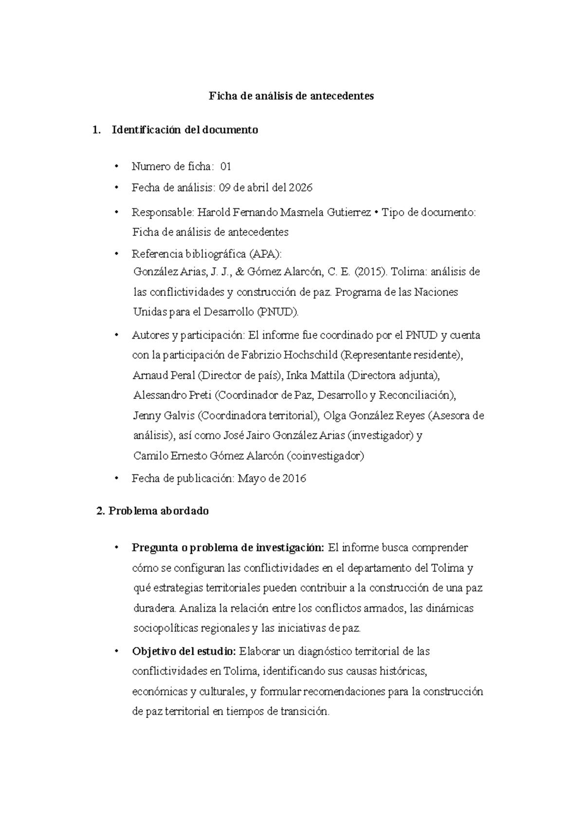 Ficha de Análisis de Antecedentes: Conflictos y Paz en Tolima - Studocu
