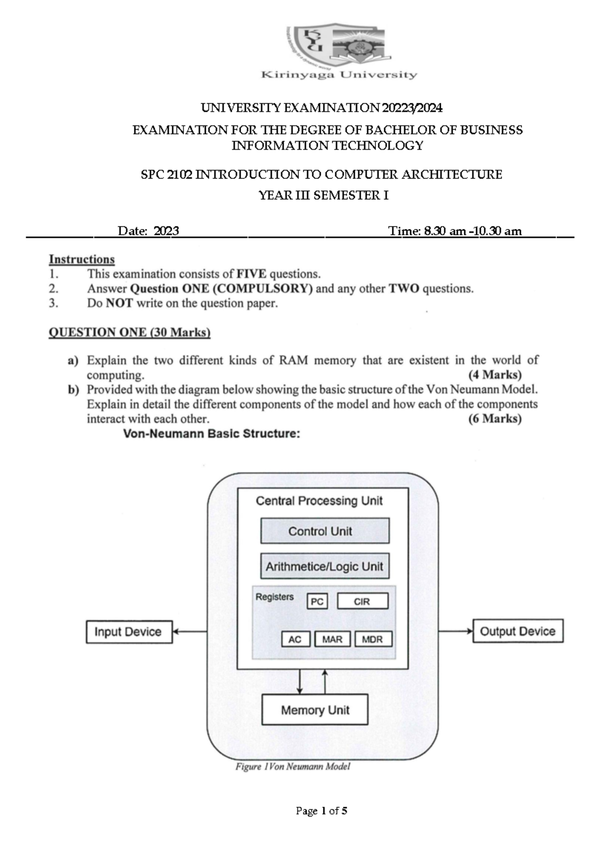 SPC 2102 Introduction to Computer Architecture Final Exam 2023 ...