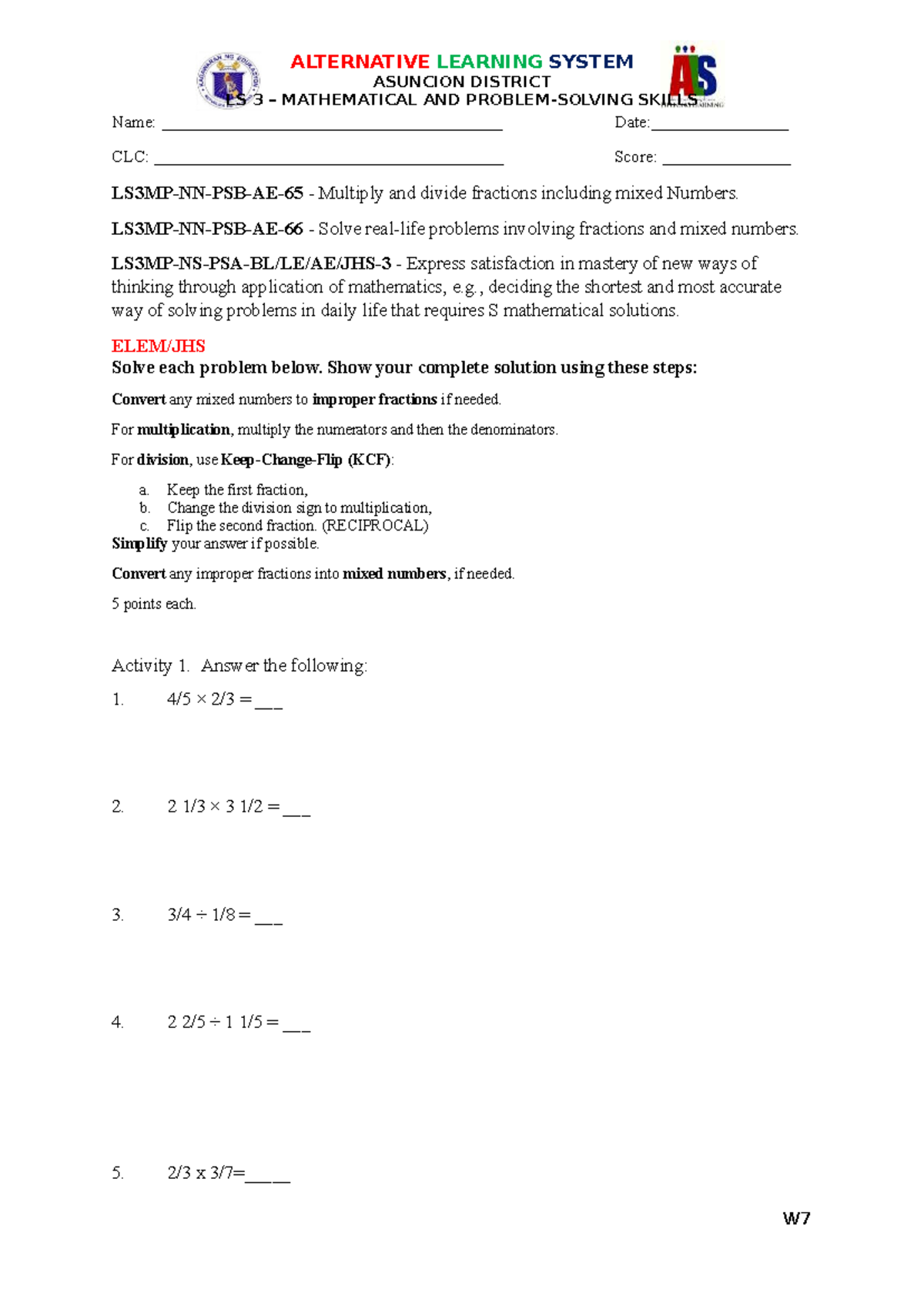 LAS LS3-Q1W7 - Multiplying & Dividing Fractions Activities - Studocu