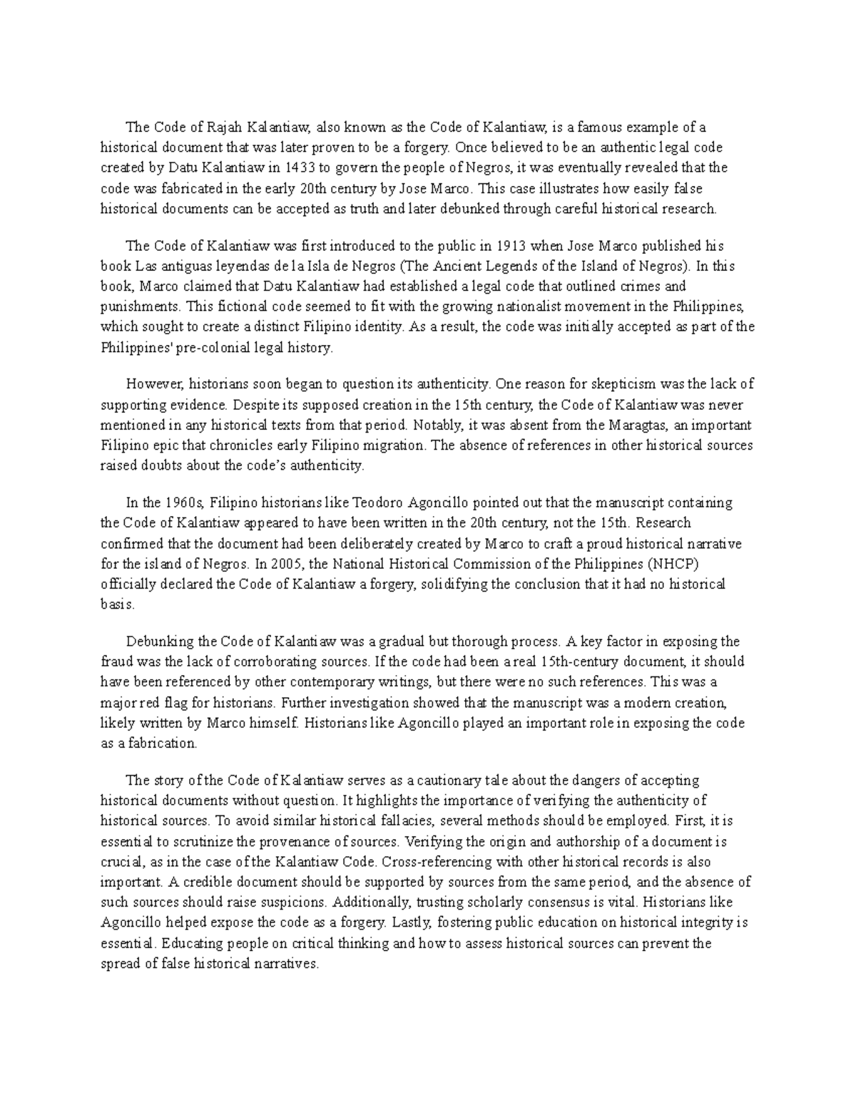 Code of Kalintiaw - essay - The Code of Rajah Kalantiaw, also known as ...