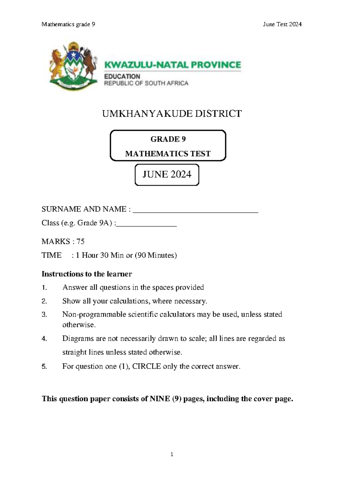 Mathematics Grade 9 June Test 2024 - UMKHANYAKUDE DISTRICT - Studocu