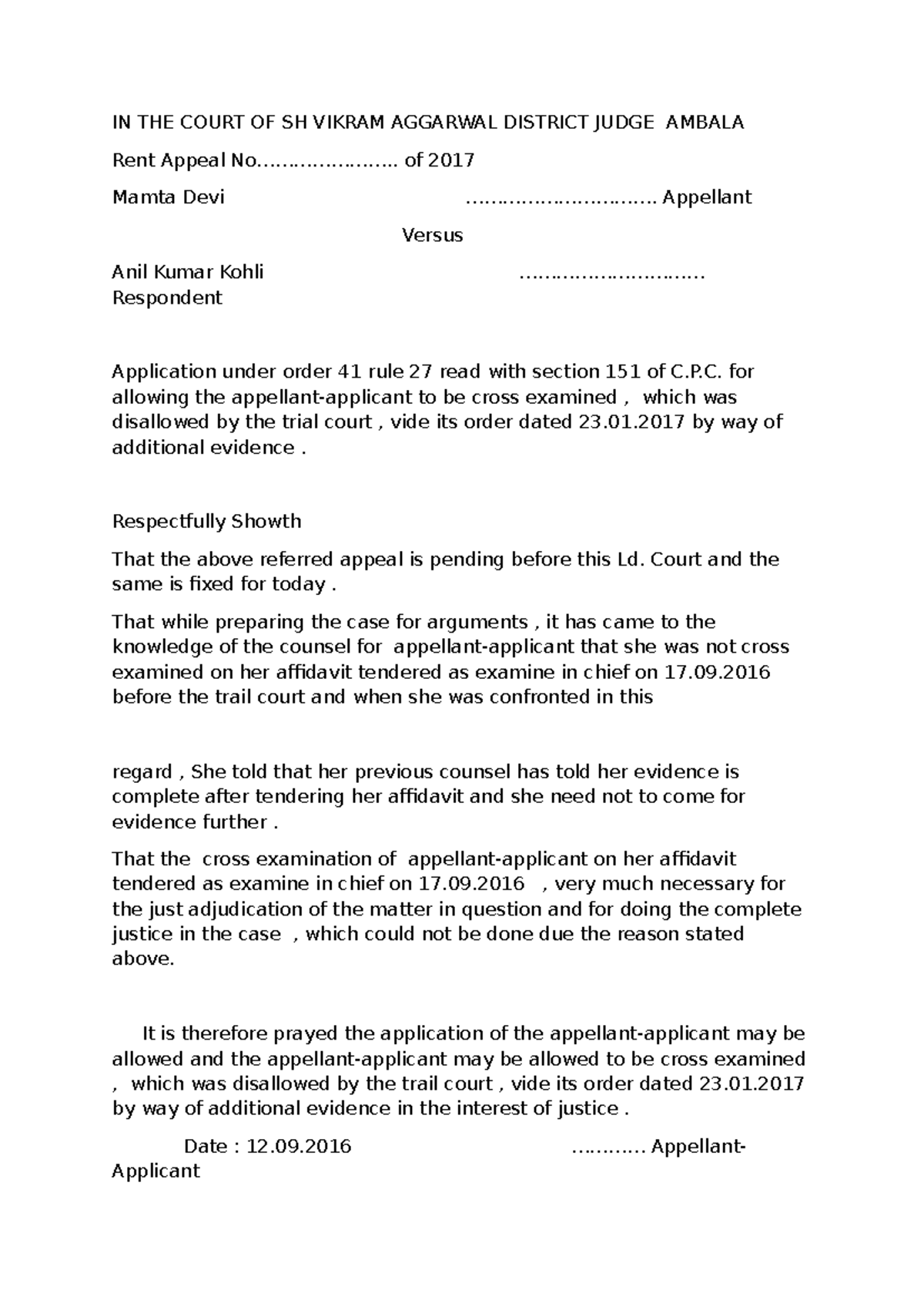 Rent Appeal 2017: Application for Cross Examination in Ambala Court ...