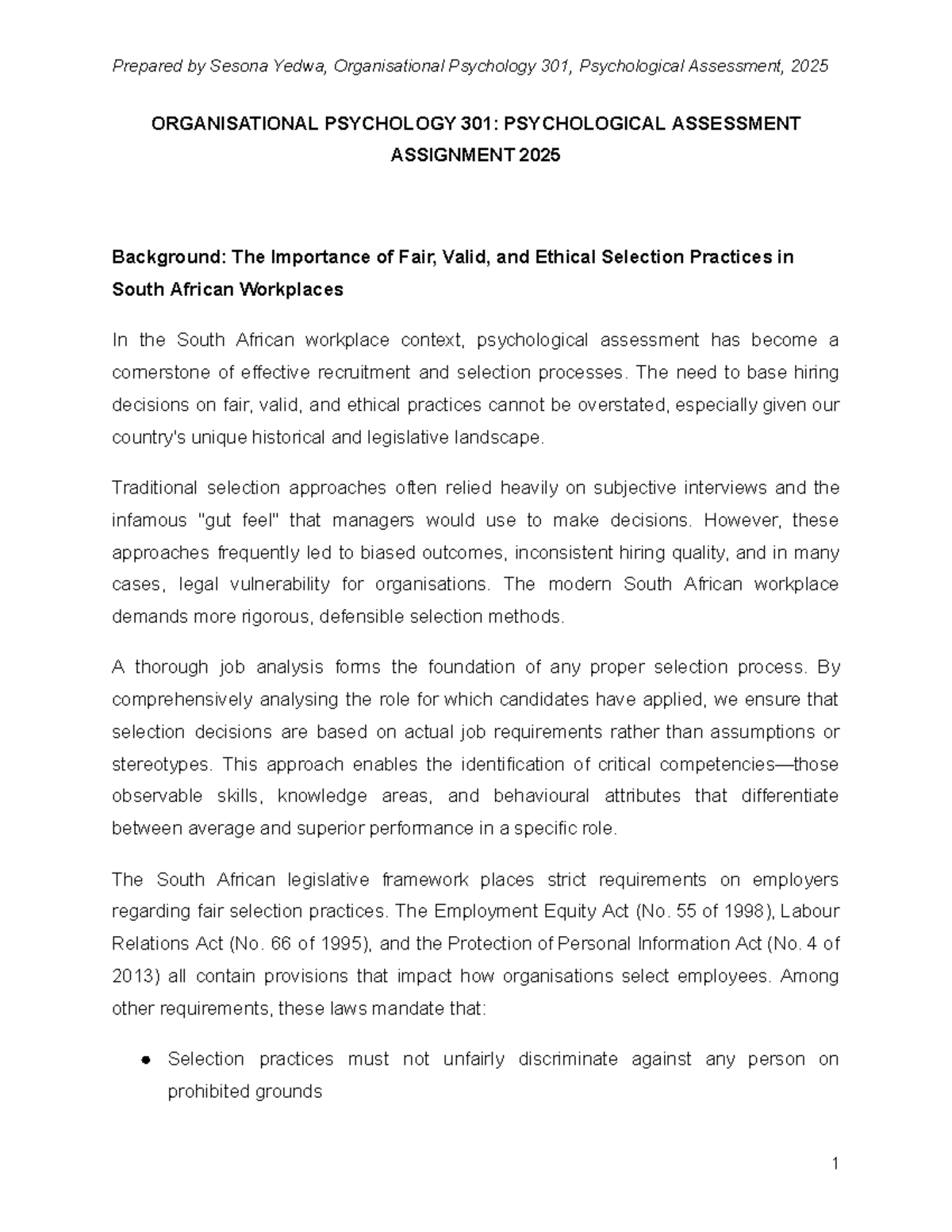 Organisational Psychology 301: Psychological Assessment Assignment 2025 ...