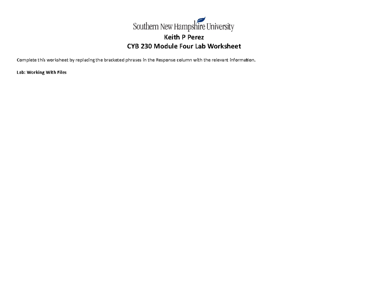CYB 230 Module Four Lab Worksheet - Keith P Perez CYB 230 Module Four ...