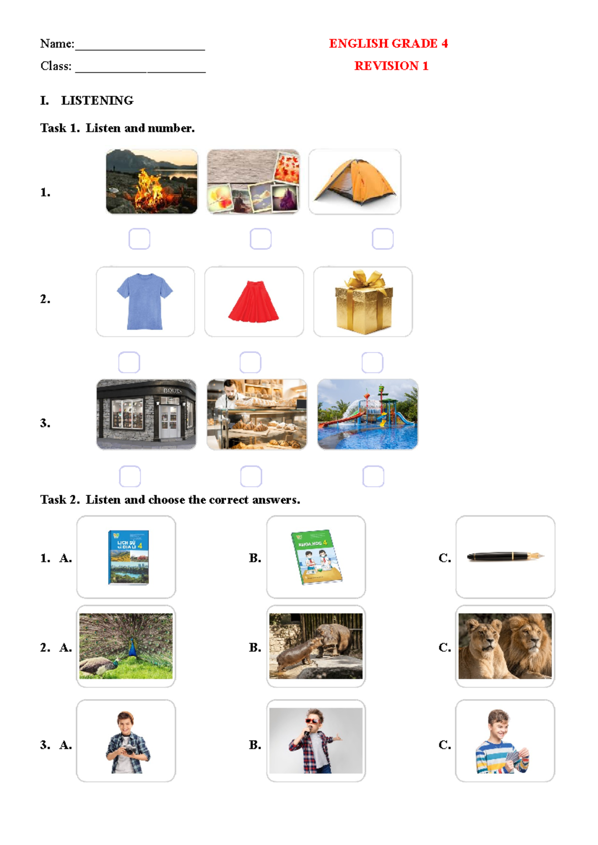 ENGLISH GRADE 4 Class: REVISION 1 & 2 Listening, Reading, and Writing ...