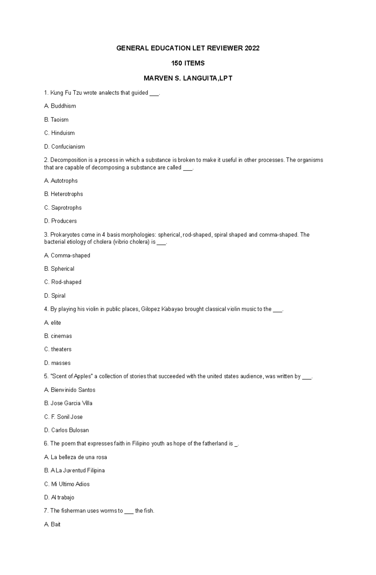 LET General Education Reviewer 2022: 150 Items for Success - Studocu