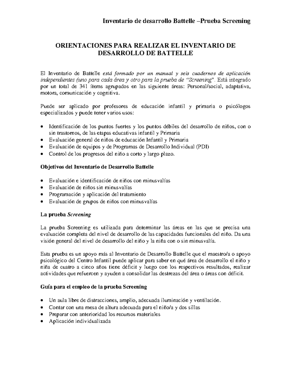 Prueba Screening - Inventario de Desarrollo Battelle y Guía de Uso ...