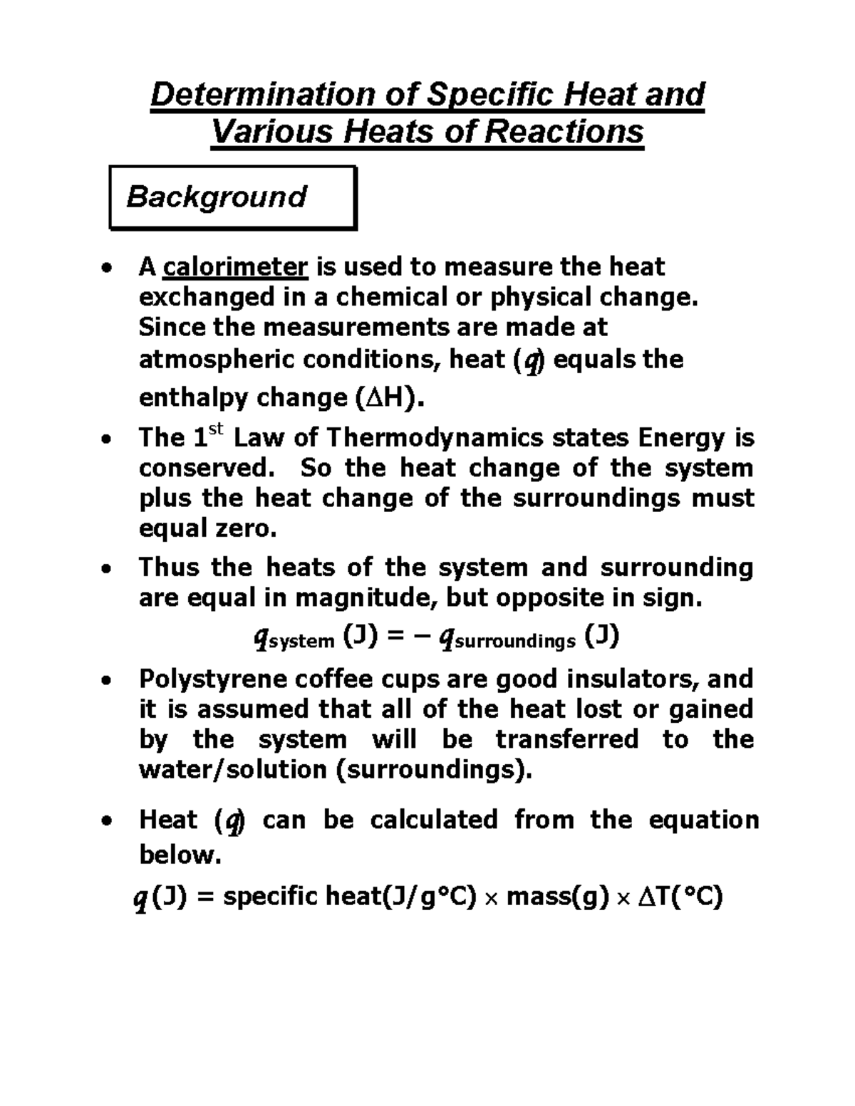 Experiment 16: Determining Specific Heat & Heats of Reactions - Studocu