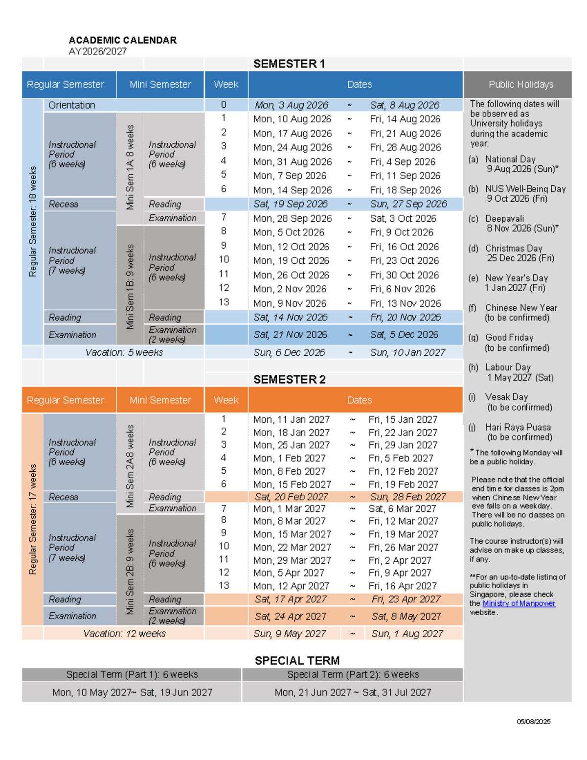 AY2627 Academic Calendar: Regular & Mini Semesters Overview - Studocu