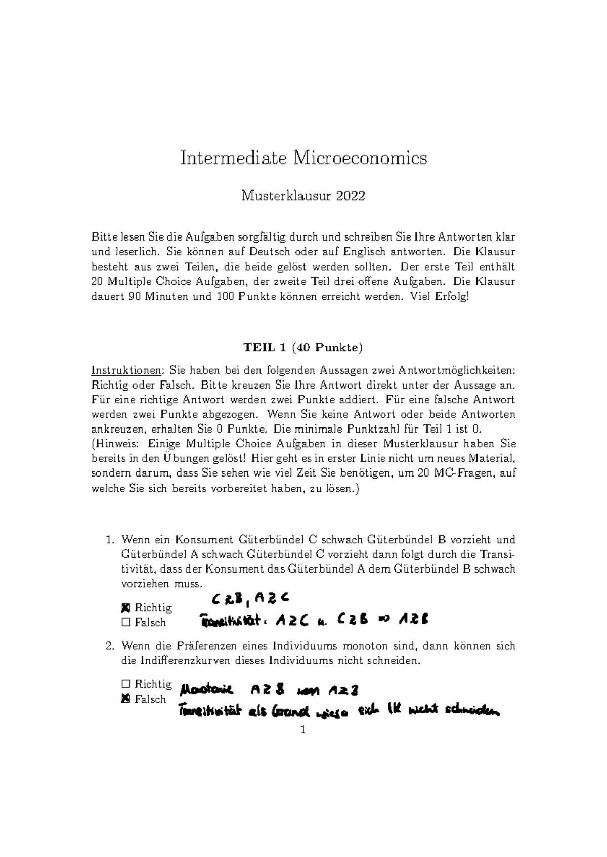 2022 Musterklausur: Intermediate Microeconomics Exam - Studocu