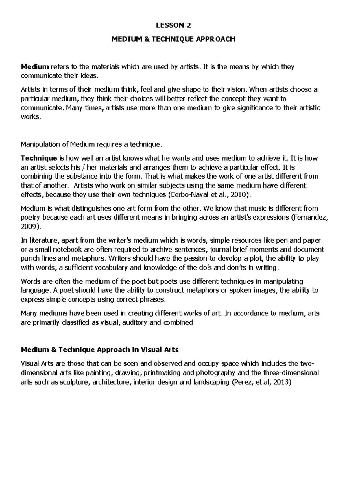 Medium and Technique Approach in Visual Arts: Lesson Insights - Studocu