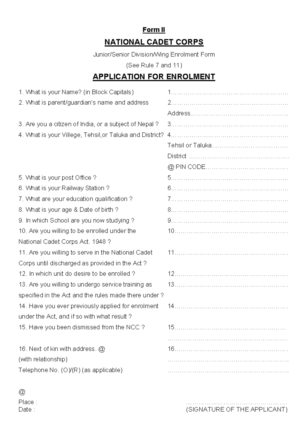 NCC Form II Enrolment Application for Cadets - 2023 - Studocu