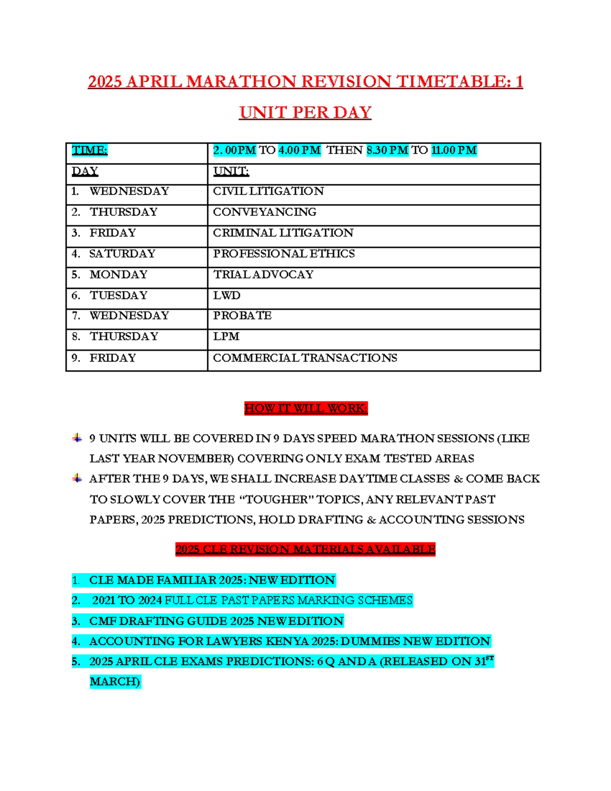 2025 CLE Marathon Revision Schedule: Daily Units & Times - Studocu