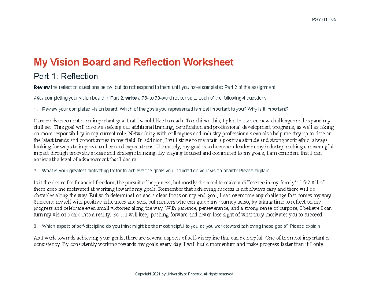 Psy110 v6 wk5 my vision board and reflection worksheet - PSY/110 v My ...