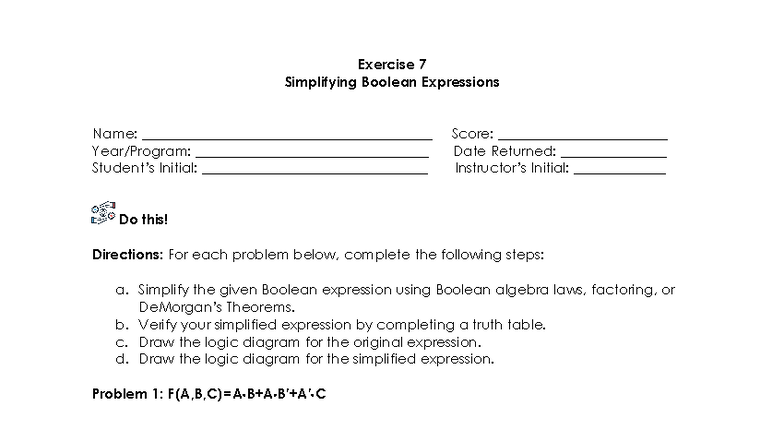 ECE 311 Chapter 2: Simplifying Boolean Expressions Workbook - Studocu